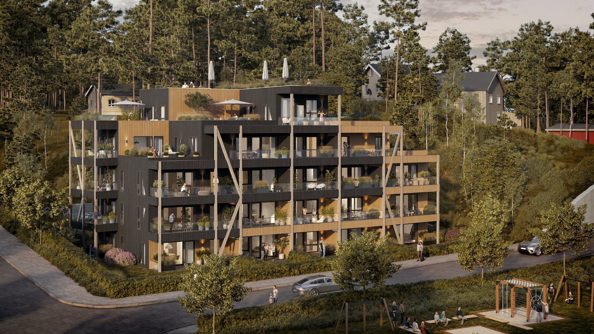 Trehusene er en moderne boligblokk bygget i treverk - Boligpartner